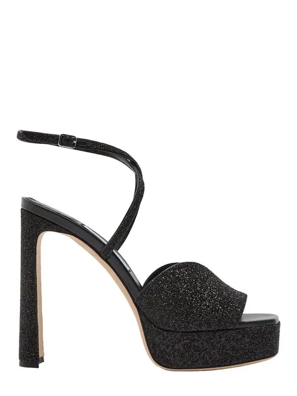 JIMMY CHOO Karli 125 Glitter Leather Platform Sandals - Black