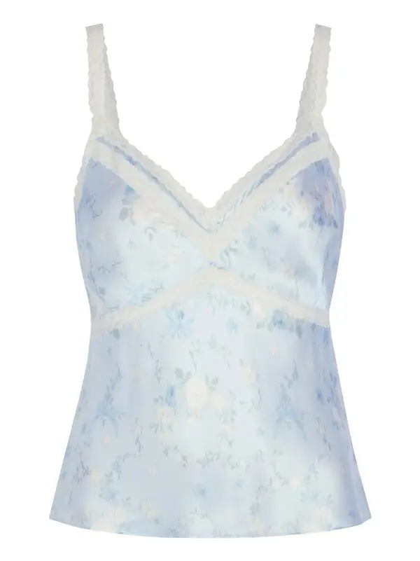 LoveShackFancy Lirena Floral-print Silk Cami Top - Light Blue