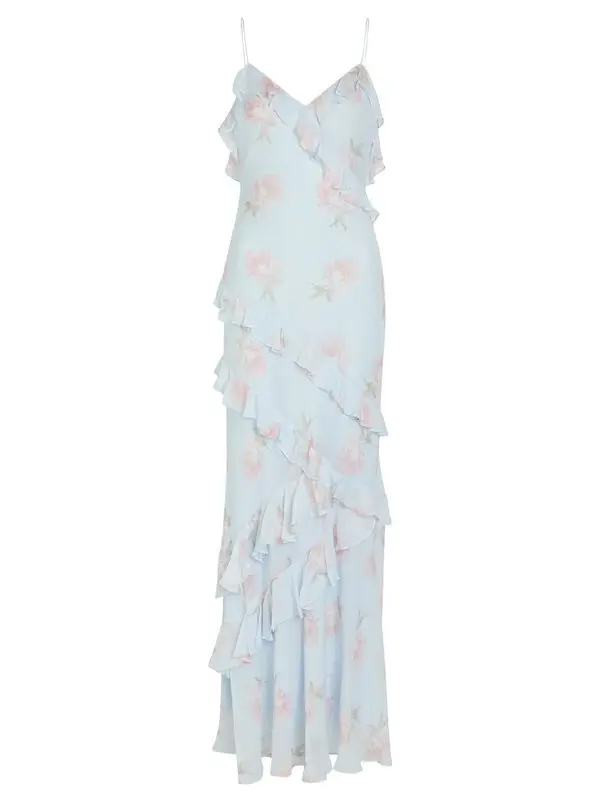 LoveShackFancy Floral-print Ruffled Chiffon Maxi Dress - Blue
