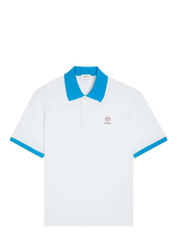 Versace Logo-embroidered Piqué Cotton Polo Shirt - White And Blue