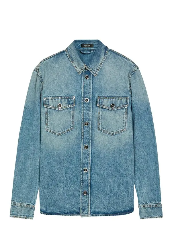 Versace Stud-embellished Denim Shirt - Light Blue