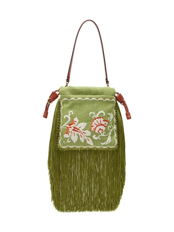 Etro Embroidered Linen Shoulder Bag - Green