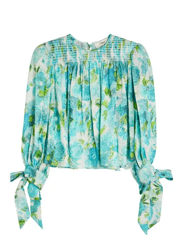 Chloé Printed Cropped Silk Blouse - Blue