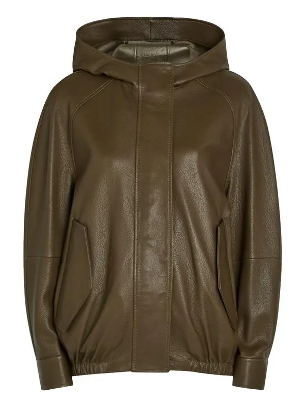 Nour Hammour Hooded Grained Leather Jacket - Dark Green