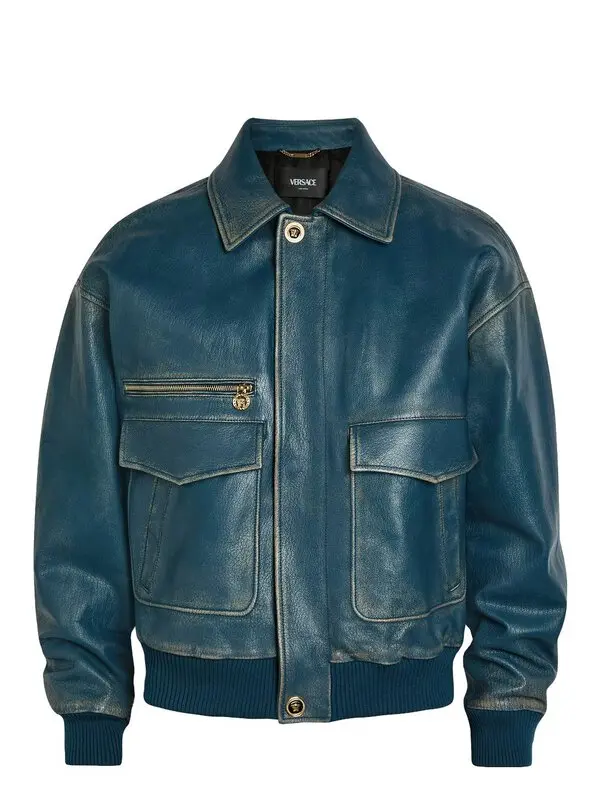 Versace Logo-embossed Distressed Leather Jacket - Blue