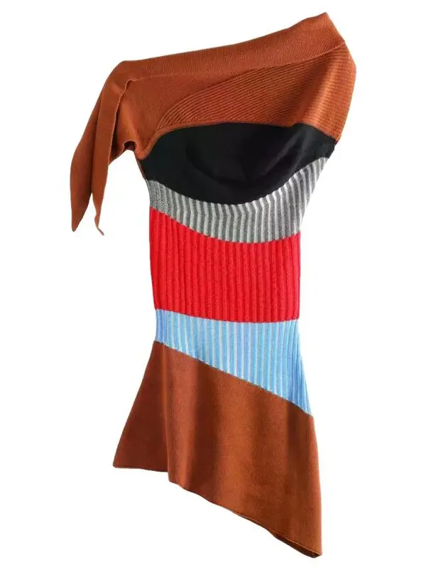 KIKO KOSTADINOV Striped Asymmetric Mini Dress - Brown