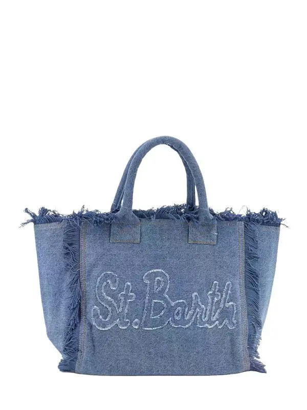 MC2 SAINT BARTH Vanity Fringed Logo Denim Tote - Blue