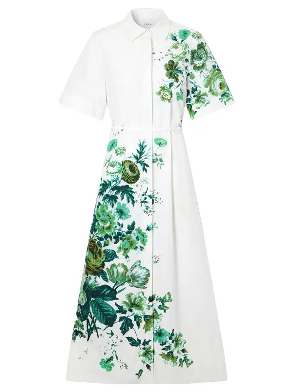 Erdem Floral-print Cotton-poplin Midi Shirt Dress - Green