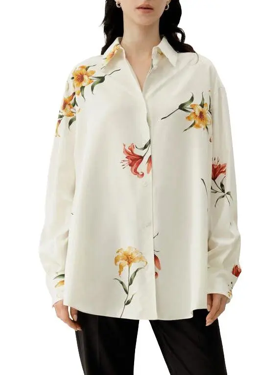 Lilysilk Lily Print Silk Oversize Shirt - Lily White