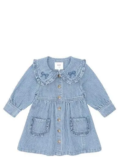 HUXBABY Vintage Bow Collar Denim Dress - Blue Stripe