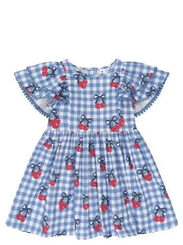 HUXBABY Cherry Gingham Frill Dress - Bijou Blue Check