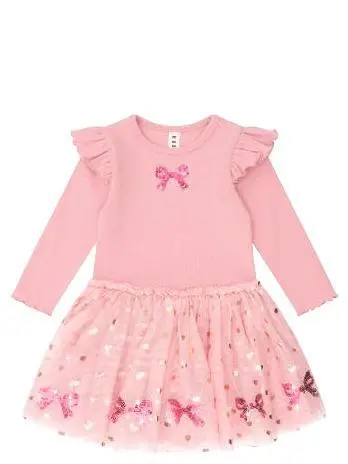 HUXBABY Sequin Bow Tulle Dress - Dusty Pink