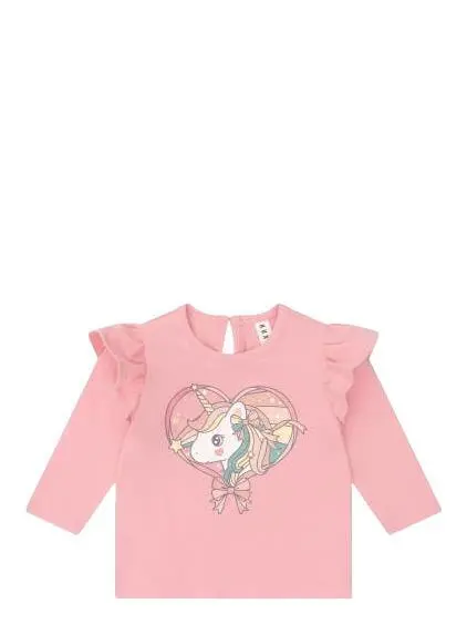 HUXBABY Whimsical Unicorn Frill Top - Dusty Pink