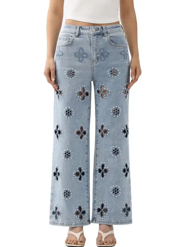 BAYEAS Studded Floral Eyelet Straight Leg Jeans - Mistyway