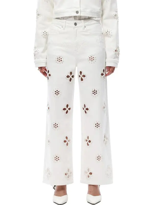 BAYEAS Studded Floral Eyelet Straight Leg Jeans - White
