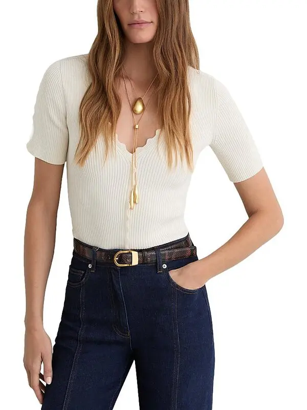 REISS Marcy Scalloped Edge Top - Ivory