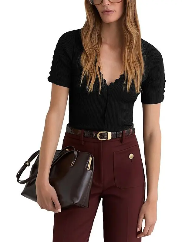 REISS Marcy Scalloped Edge Top - Black