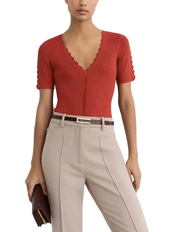 REISS Marcy Scalloped Edge Top - Rust Red