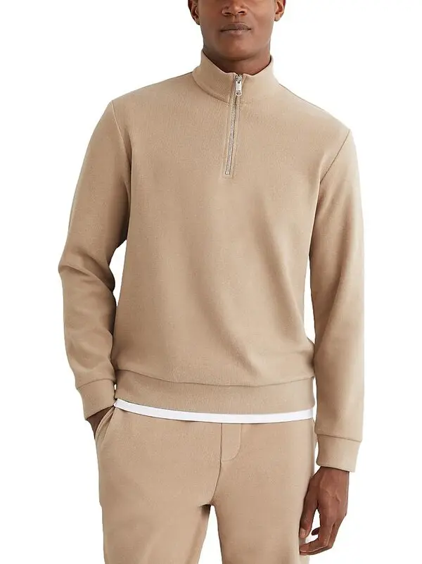 REISS Brushed Rib Half-zip Sweatshirt - Camel Brown