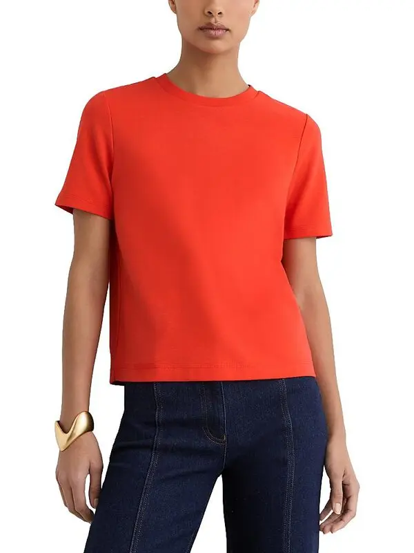 REISS Plain Ribbed Neck T-shirt - Coral Red