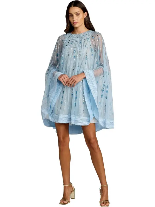 Mac Duggal Beaded Lace Cape Sleeve Mini Dress - Powder Blue Nude