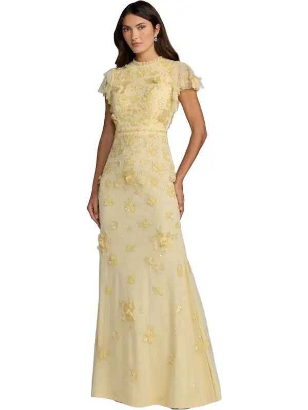 Mac Duggal Floral Embellished High Neck Gown - Yellow