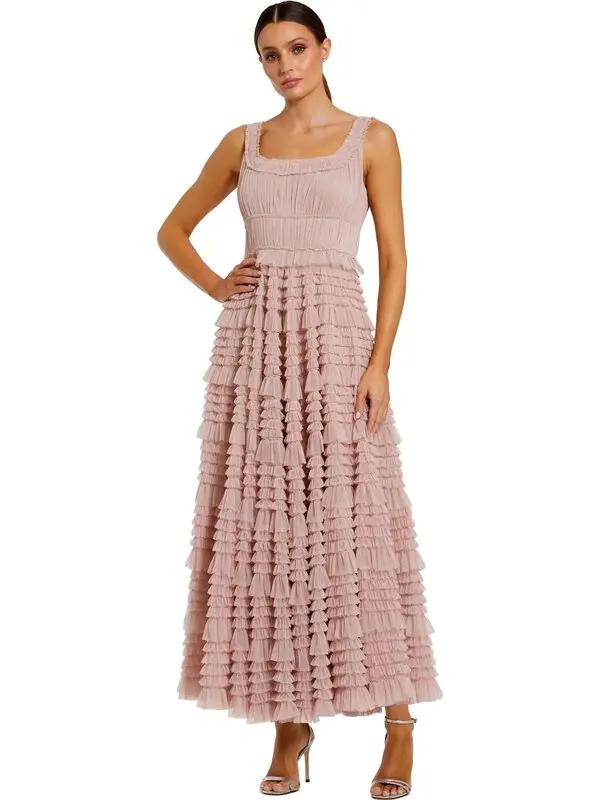 Mac Duggal Micro Ruffle Sleeveless Scoop Neck Maxi Dress - Pink
