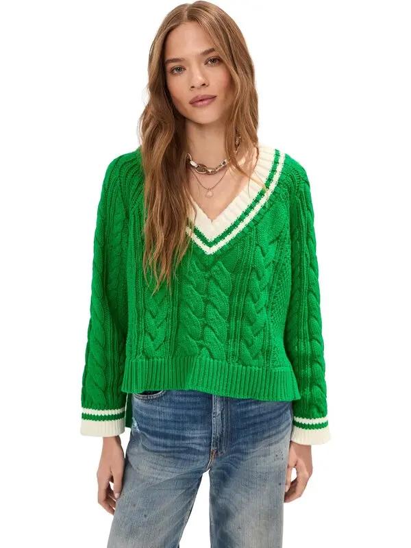 LE BOP Marley V-neck Cable Knit Sweater - Kelly Green Multi