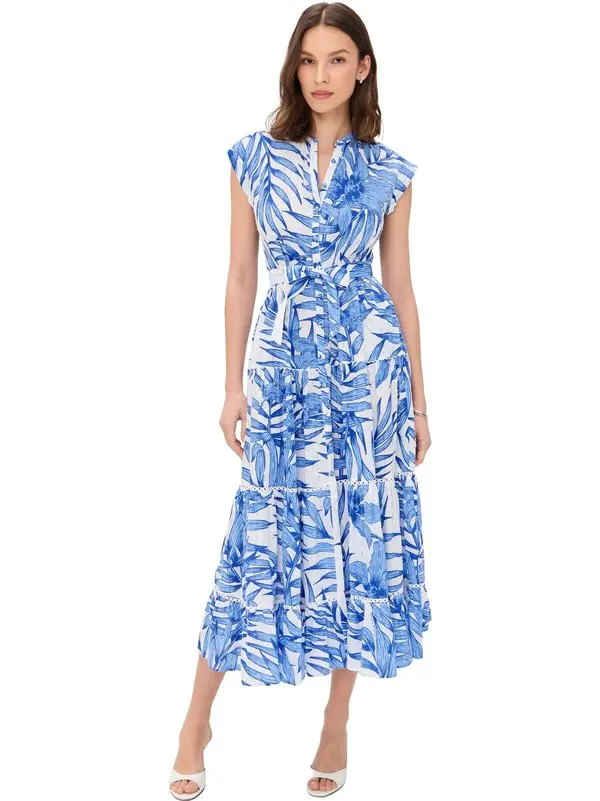 Poupette St Barth Tiered Palm Maxi Dress - Blue Palm Leaf