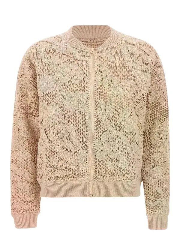 KANGRA Floral Embroidery Zip Bomber Jacket - Neutrals