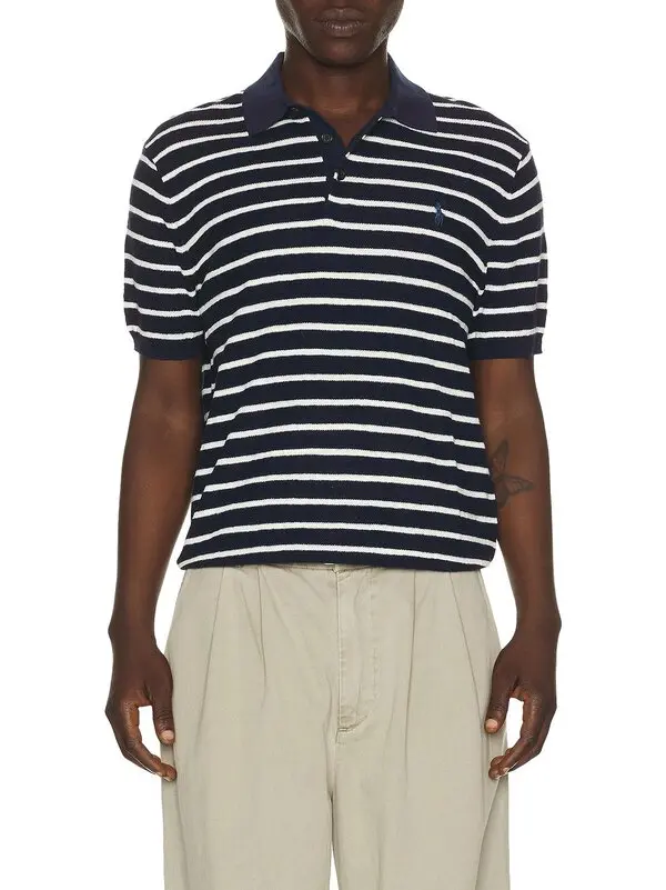 Polo Ralph Lauren Cotton Blend Textured 3 Button Placket Short Sleeve Polo Sweater In Navy - Bright Navy Combo