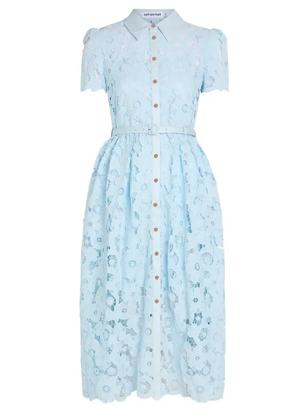 SELF-PORTRAIT Belted Guipure-lace Midi Shirt Dress - Blue