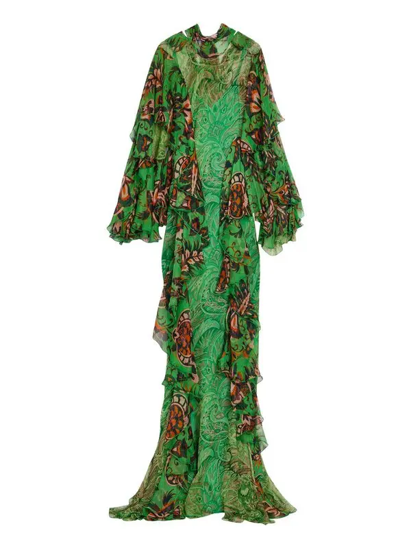 Etro Printed Ruffled Silk-chiffon Maxi Dress - Green