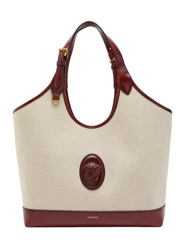 Versace Large Leather And Canvas Tote Bag - Beige
