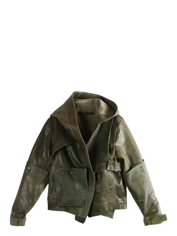 YEHUAFAN Hooded Leather Jacket - Green