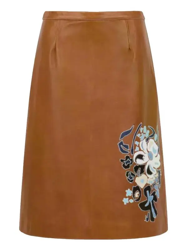 Marni Floral Intarsia Leather Skirt - Brown