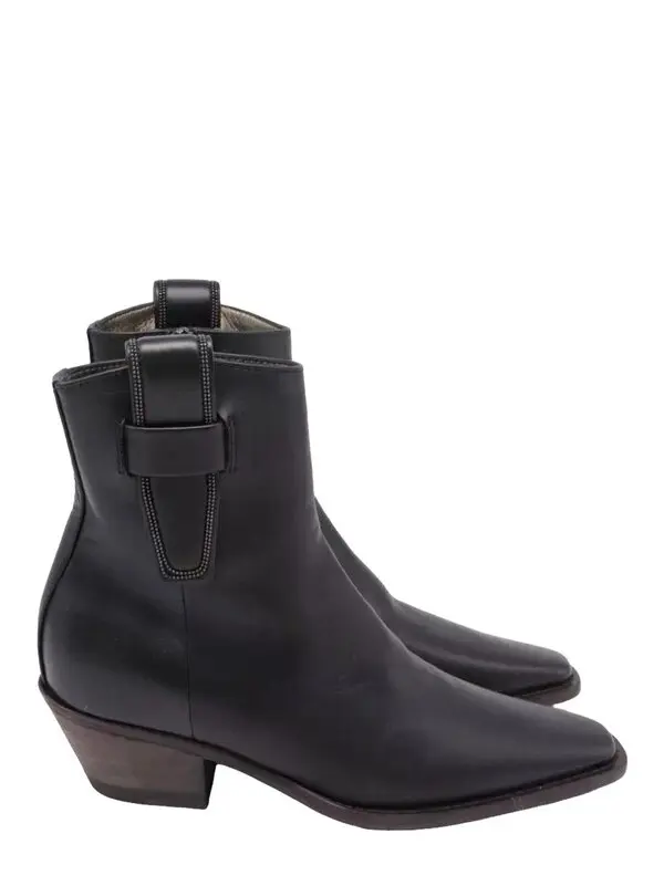 Brunello Cucinelli Western Monili Leather Ankle Boots - Black
