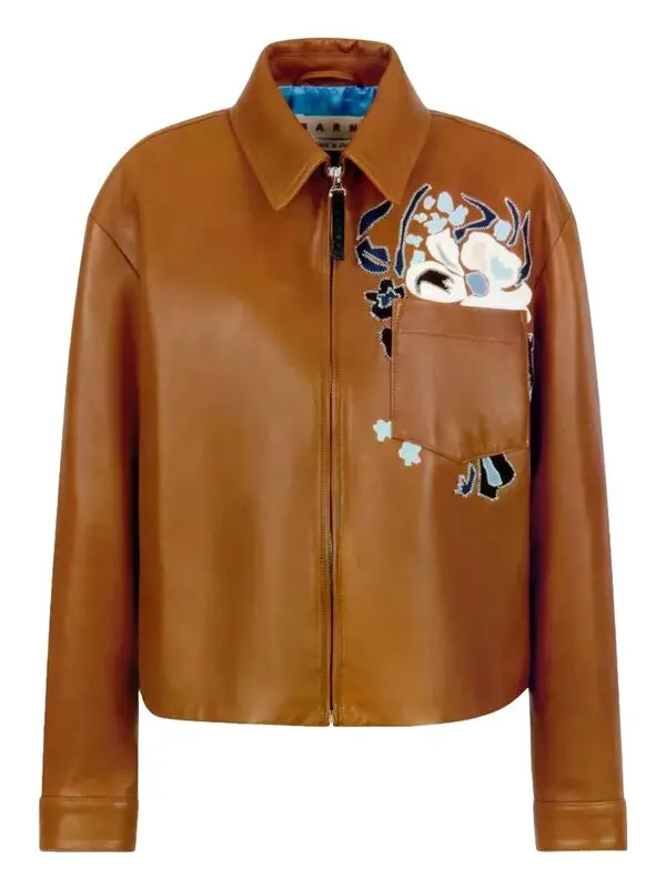 Marni Floral Intarsia Leather Overshirt - Brown