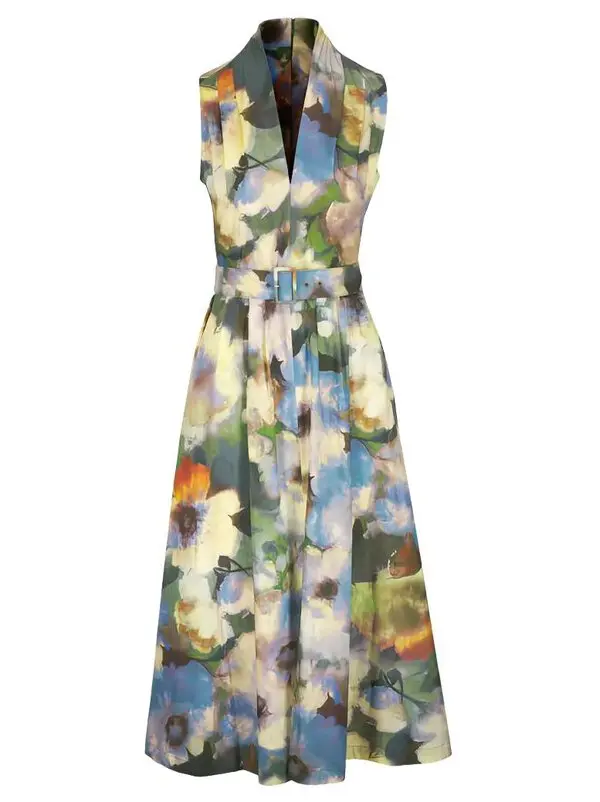 Lela Rose Belted Floral Print Dress - Blue