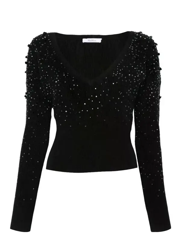 Max Mara Beaded V-neck Sweater - Black