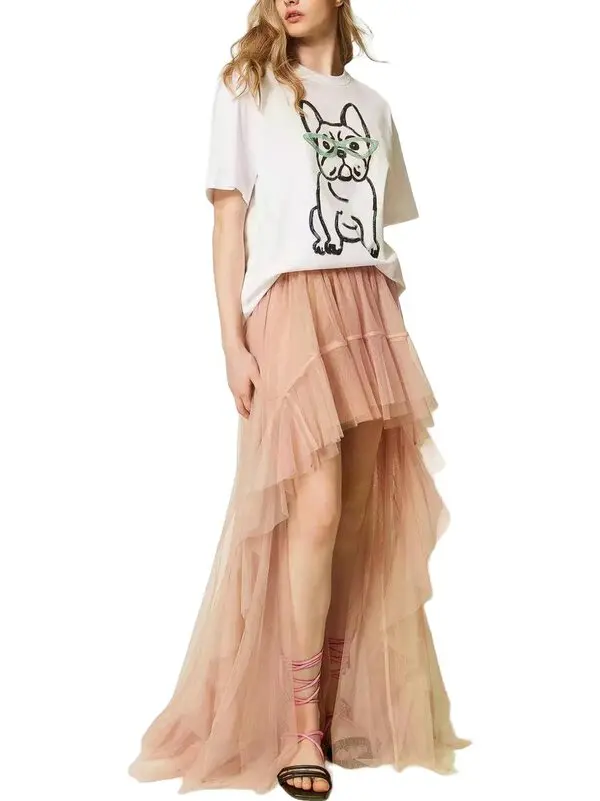 TWINSET Asymmetric Tulle Maxi Skirt With Overlapping Flounces - Neutrals