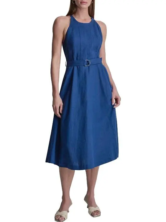 Dkny Belted Linen-blend Midi Dress - Admiral