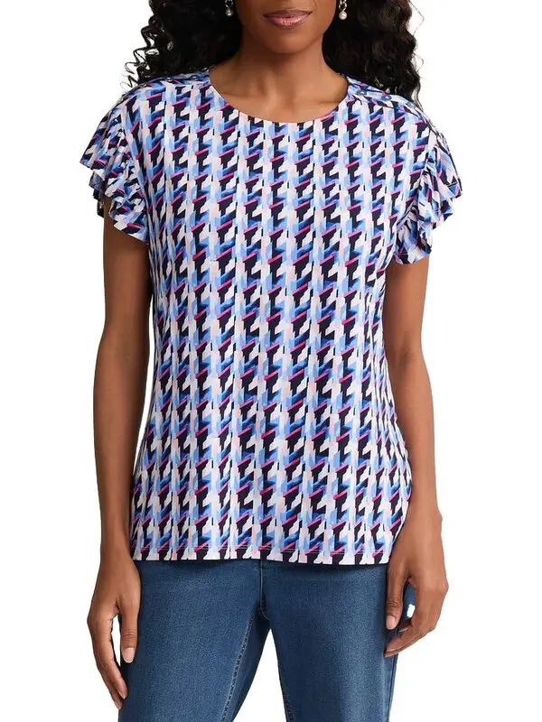 Jones New York Houndstooth Flutter Sleeve Top - Pacific Navy Multi