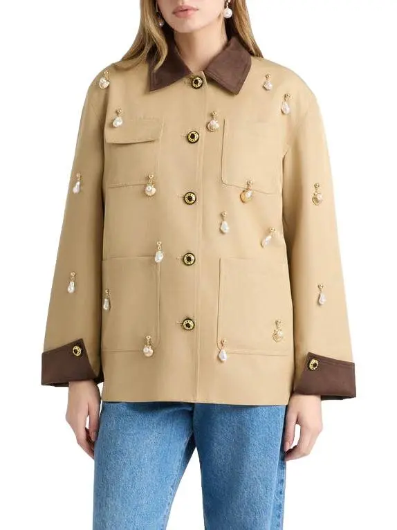 NVLT Twill Jacket With Faux Pearl Charms - British Tan