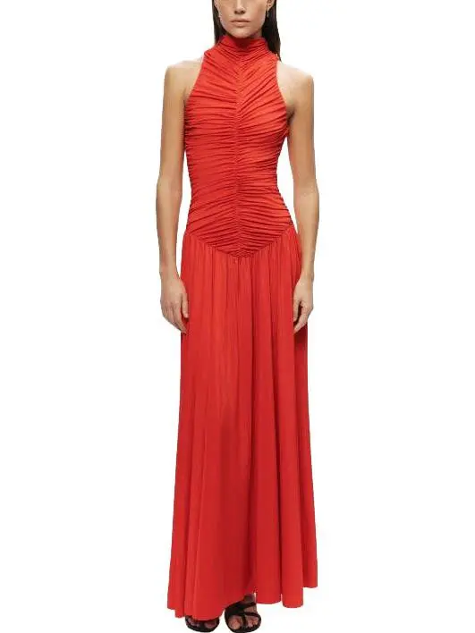 NOCTURNE Ruched High-neck Maxi Dress - Red