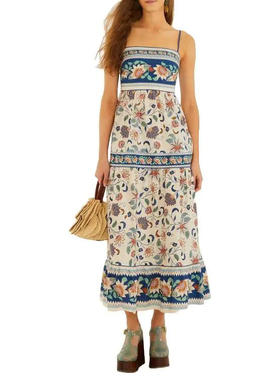 Farm Rio Delhi Floral Tapestry Cotton Sundress - Ivory/blue/soft Pink