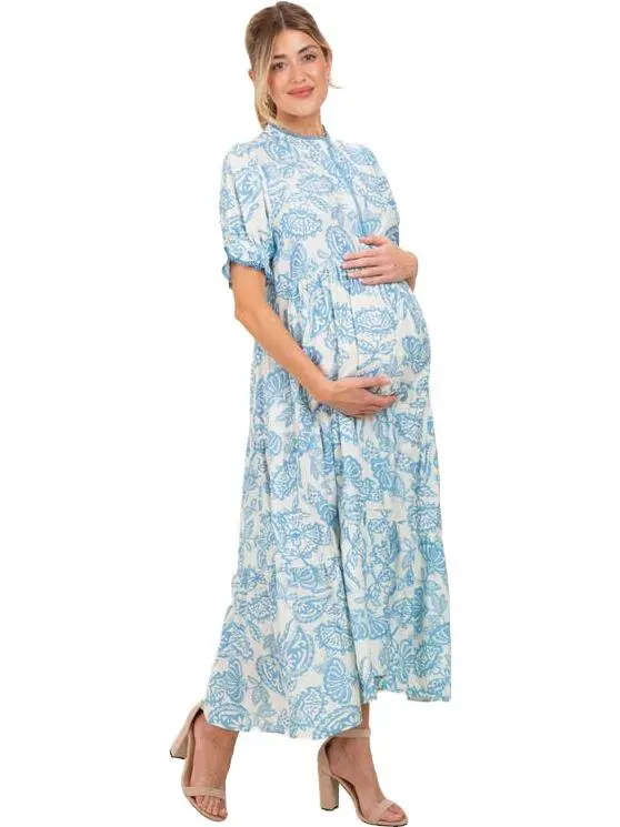 PINKBLUSH Paisley Print Tiered Maternity Midi Dress - Light Blue