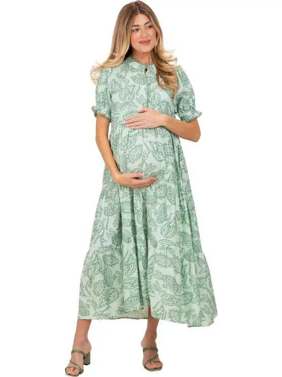 PINKBLUSH Paisley Print Tiered Maternity Midi Dress - Light Olive