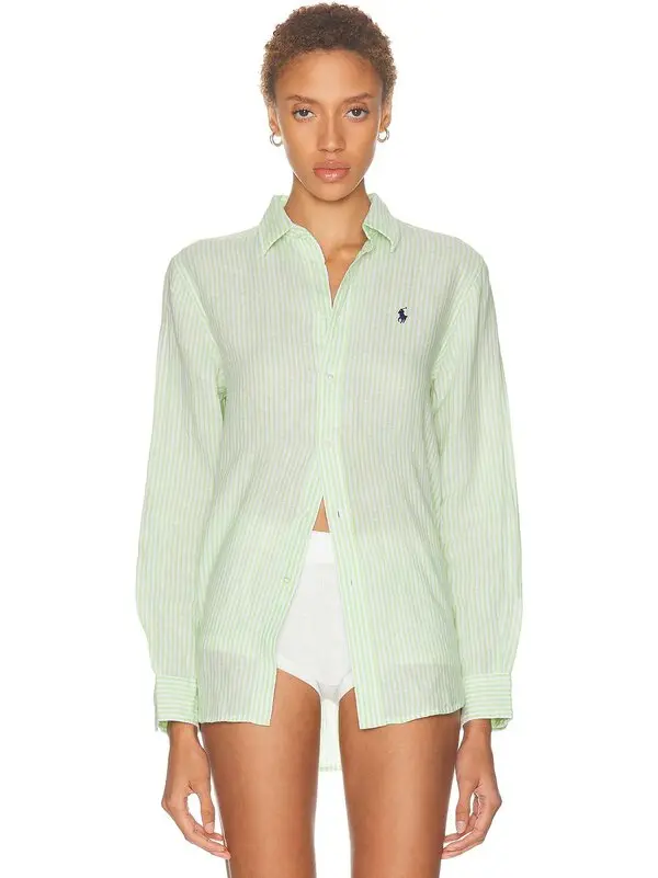 Polo Ralph Lauren Button-front Linen Shirt - 1936 Electric Lime & White