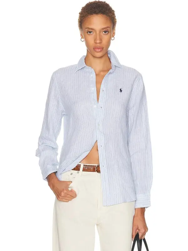 Polo Ralph Lauren Button-front Linen Shirt - 1994b Light Blue & White